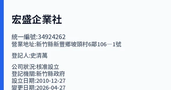 宏盛企業社的照片-統編 34924262(新竹縣) 公司登記資料與營業項目詳細圖表