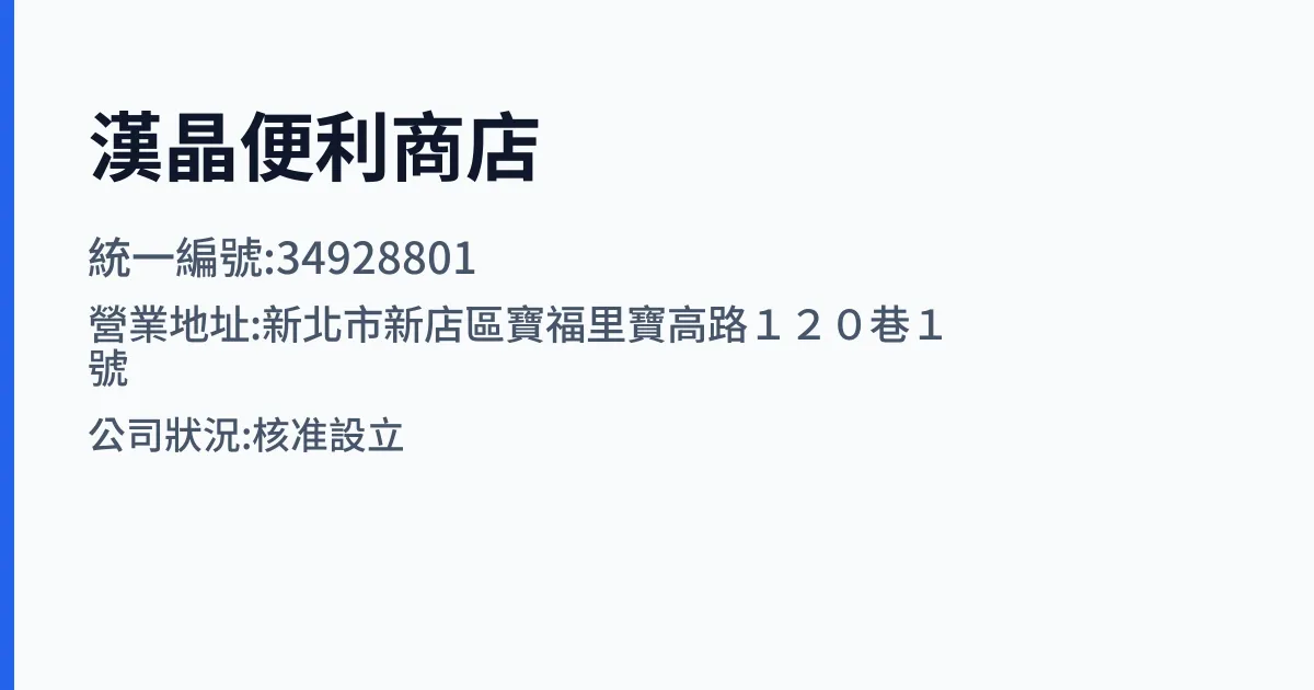 漢晶便利商店 - 統編 34928801(新北市) 公司登記資料與營業項目詳細圖表