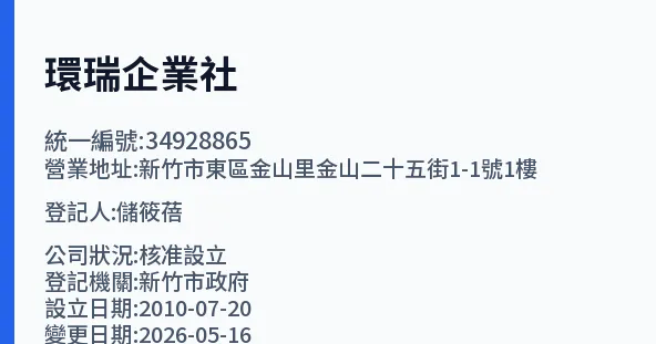 環瑞企業社的照片-統編 34928865(新竹市) 公司登記資料與營業項目詳細圖表