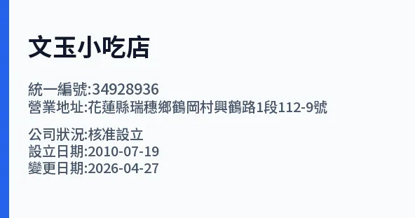 文玉小吃店的照片-統編 34928936(花蓮縣) 公司登記資料與營業項目詳細圖表