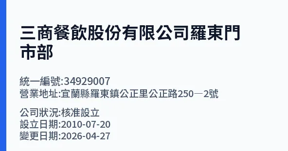 三商餐飲股份有限公司羅東門市部的照片-統編 34929007(宜蘭縣) 公司登記資料與營業項目詳細圖表