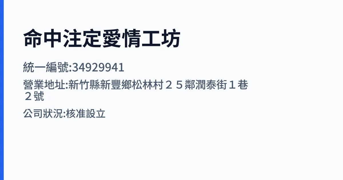 命中注定愛情工坊 - 統編 34929941(新竹縣) 公司登記資料與營業項目詳細圖表