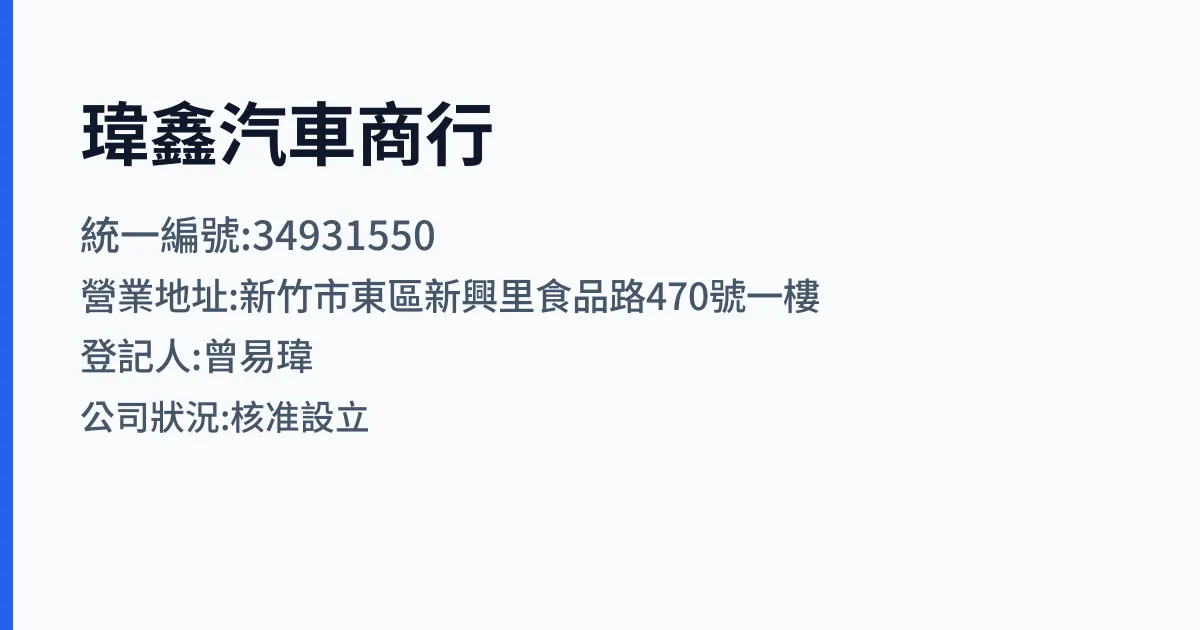 瑋鑫汽車商行 - 統編 34931550(新竹市) 公司登記資料與營業項目詳細圖表