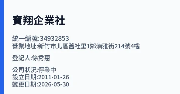 寶翔企業社的照片-統編 34932853(新竹市) 公司登記資料與營業項目詳細圖表