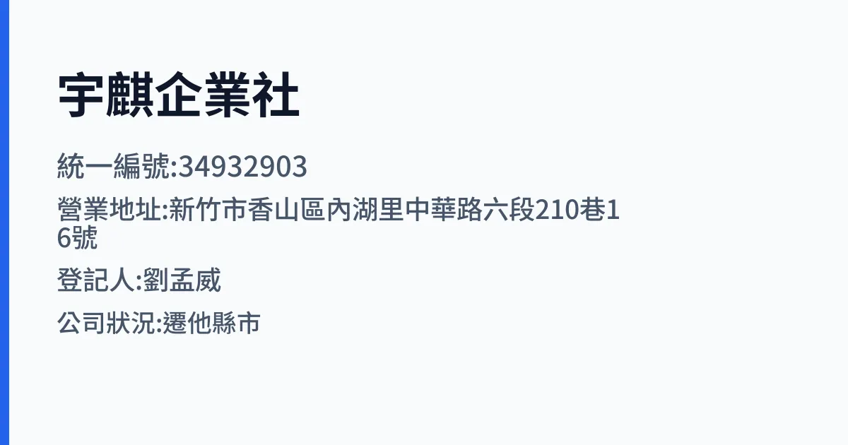 宇麒企業社 - 統編 34932903(苗栗縣) 公司登記資料與營業項目詳細圖表