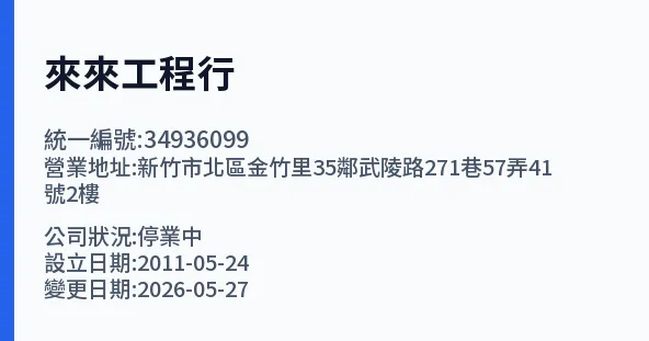 來來工程行的照片-統編 34936099(新竹市) 公司登記資料與營業項目詳細圖表