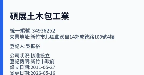 碩展土木包工業的照片-統編 34936252(新竹市) 公司登記資料與營業項目詳細圖表