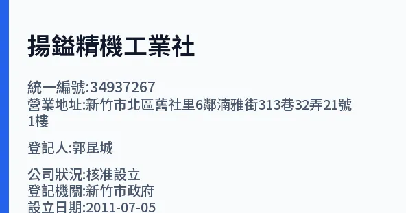 揚鎰精機工業社的照片-統編 34937267(新竹市) 公司登記資料與營業項目詳細圖表
