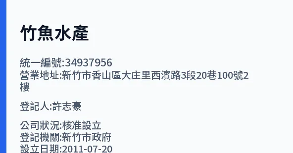竹魚水產的照片-統編 34937956(新竹市) 公司登記資料與營業項目詳細圖表