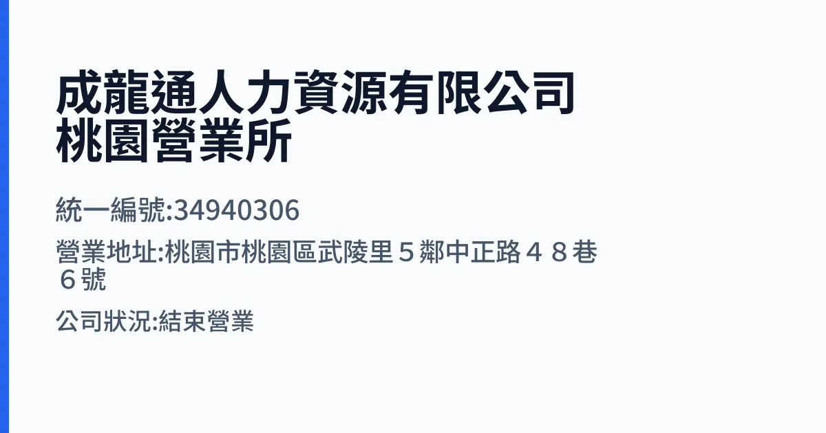 成龍通人力資源有限公司桃園營業所 - 統編 34940306(桃園市) 公司登記資料與營業項目詳細圖表