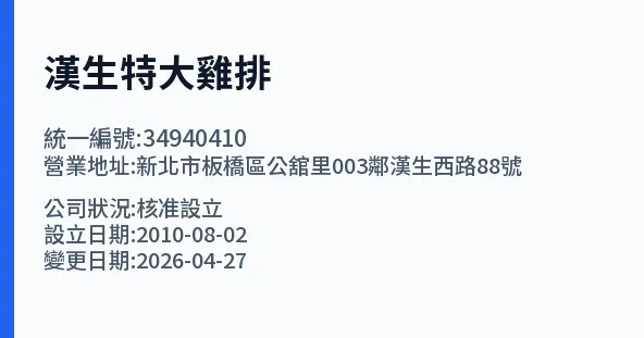 漢生特大雞排的照片-統編 34940410(新北市) 公司登記資料與營業項目詳細圖表