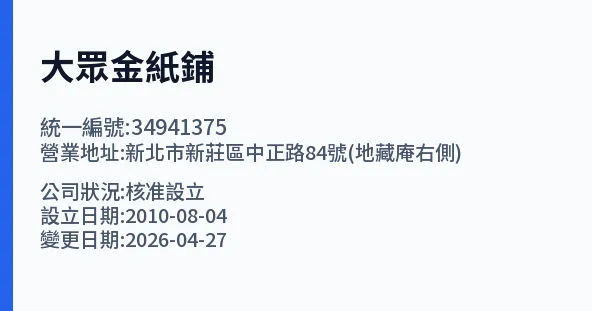 大眾金紙鋪的照片-統編 34941375(新北市) 公司登記資料與營業項目詳細圖表