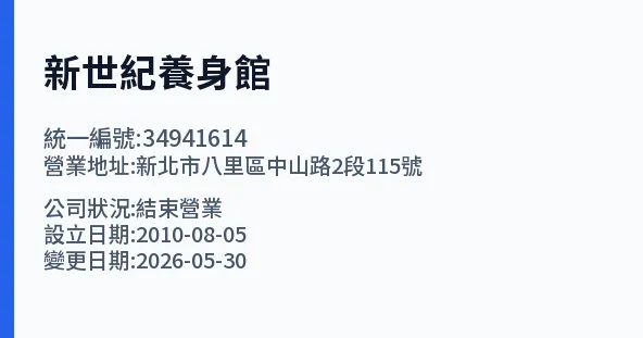 新世紀養身館的照片-統編 34941614(新北市) 公司登記資料與營業項目詳細圖表