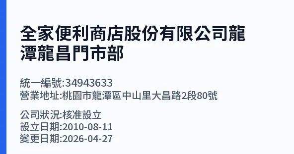 全家便利商店股份有限公司龍潭龍昌門市部的照片-統編 34943633(桃園市) 公司登記資料與營業項目詳細圖表