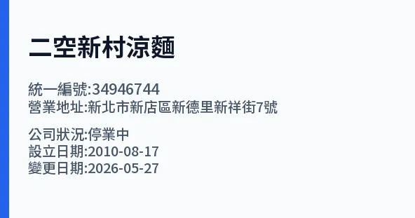 二空新村涼麵的照片-統編 34946744(新北市) 公司登記資料與營業項目詳細圖表