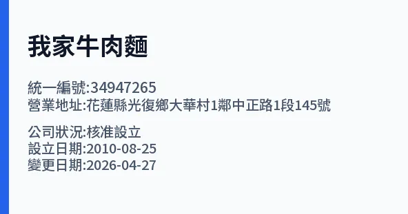 我家牛肉麵的照片-統編 34947265(花蓮縣) 公司登記資料與營業項目詳細圖表