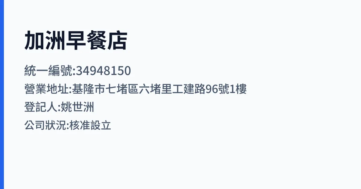 加洲早餐店 - 統編 34948150(基隆市) 公司登記資料與營業項目詳細圖表