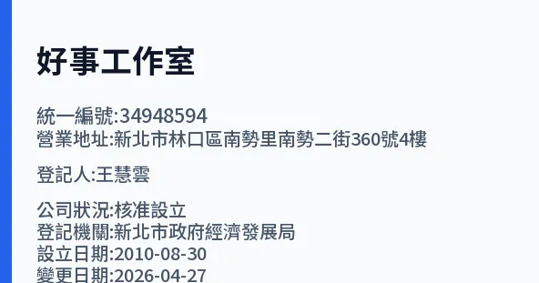 好事工作室的照片-統編 34948594(新北市) 公司登記資料與營業項目詳細圖表