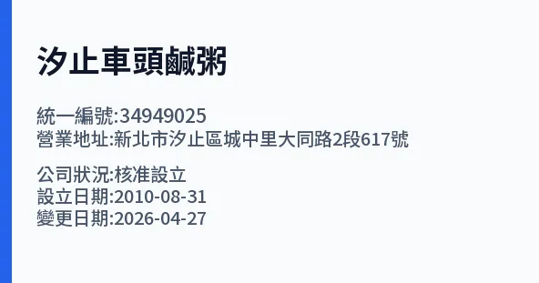 汐止車頭鹹粥的照片-統編 34949025(新北市) 公司登記資料與營業項目詳細圖表
