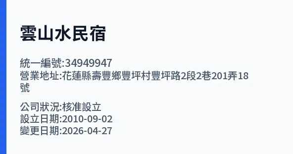 雲山水民宿的照片-統編 34949947(花蓮縣) 公司登記資料與營業項目詳細圖表