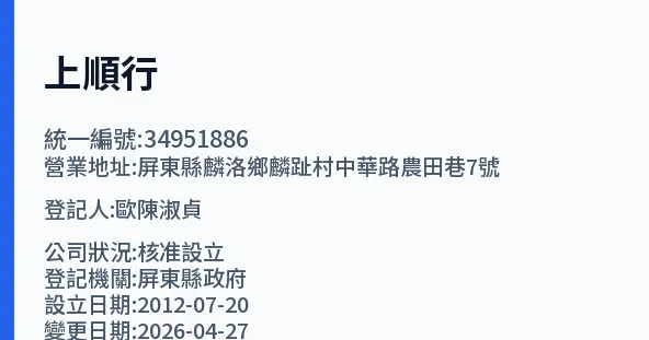上順行的照片-統編 34951886(屏東縣) 公司登記資料與營業項目詳細圖表
