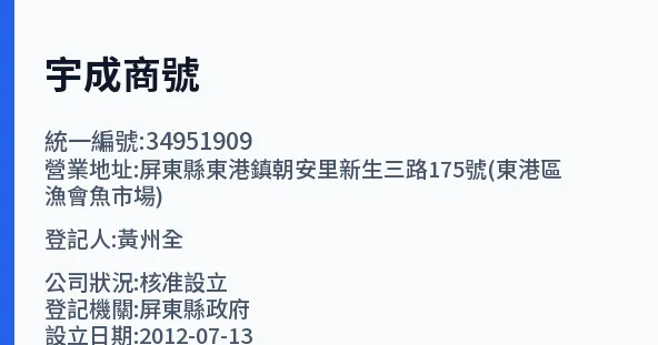 宇成商號的照片-統編 34951909(屏東縣) 公司登記資料與營業項目詳細圖表