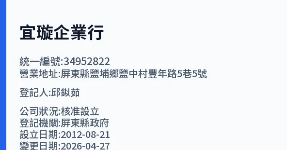 宜璇企業行的照片-統編 34952822(屏東縣) 公司登記資料與營業項目詳細圖表