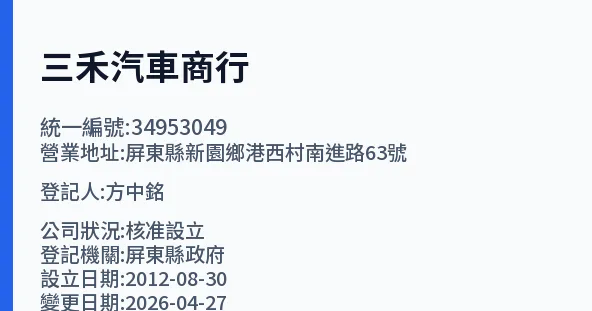 三禾汽車商行的照片-統編 34953049(屏東縣) 公司登記資料與營業項目詳細圖表