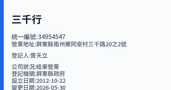 三千行的照片-統編 34954547(屏東縣) 公司登記資料與營業項目詳細圖表