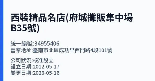 西裝精品名店(府城攤販集中場B35號)的照片-統編 34955406(臺南市) 公司登記資料與營業項目詳細圖表