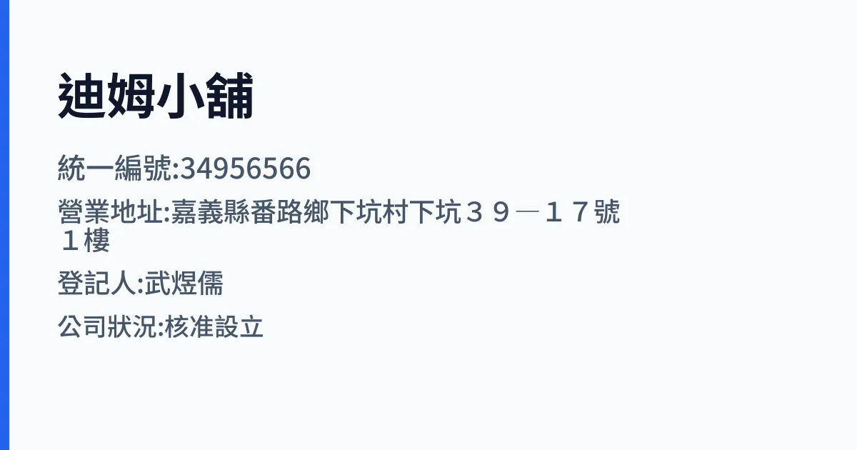 迪姆小舖 - 統編 34956566(嘉義縣) 公司登記資料與營業項目詳細圖表