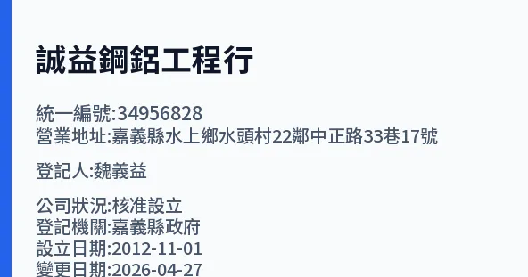 誠益鋼鋁工程行的照片-統編 34956828(嘉義縣) 公司登記資料與營業項目詳細圖表