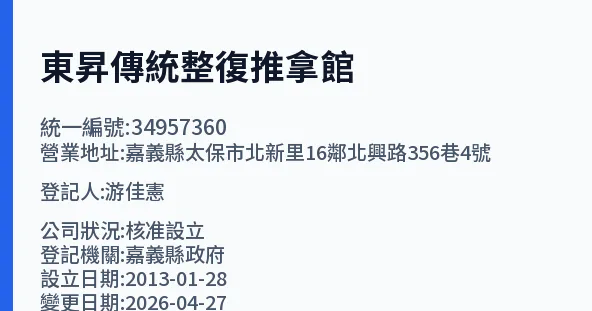 東昇傳統整復推拿館的照片-統編 34957360(嘉義縣) 公司登記資料與營業項目詳細圖表