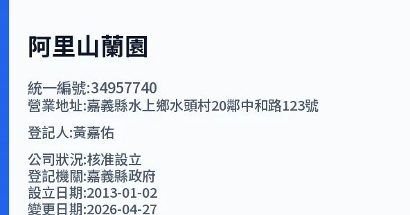 阿里山蘭園的照片-統編 34957740(嘉義縣) 公司登記資料與營業項目詳細圖表