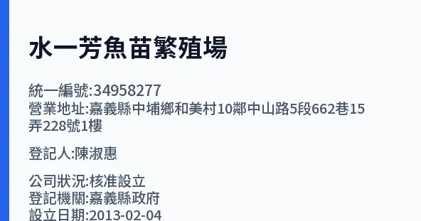 水一芳魚苗繁殖場的照片-統編 34958277(嘉義縣) 公司登記資料與營業項目詳細圖表