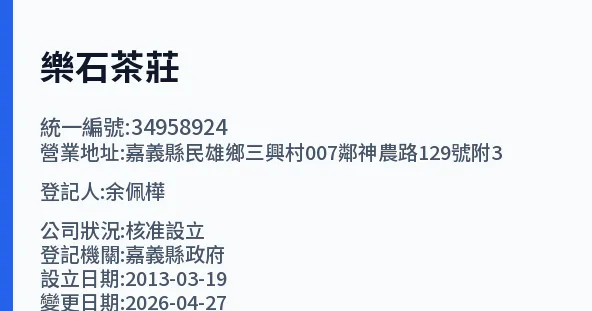 樂石茶莊的照片-統編 34958924(嘉義縣) 公司登記資料與營業項目詳細圖表