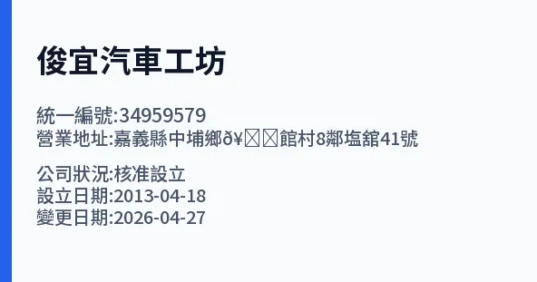 俊宜汽車工坊的照片-統編 34959579(嘉義縣) 公司登記資料與營業項目詳細圖表