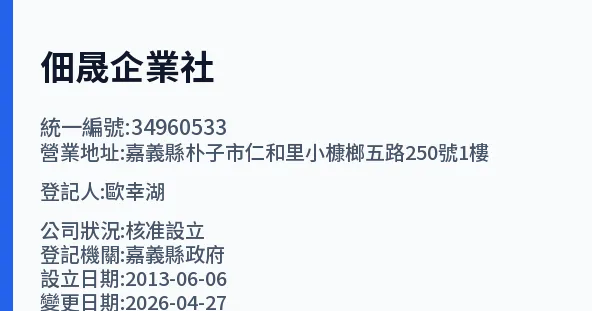 佃晟企業社的照片-統編 34960533(嘉義縣) 公司登記資料與營業項目詳細圖表