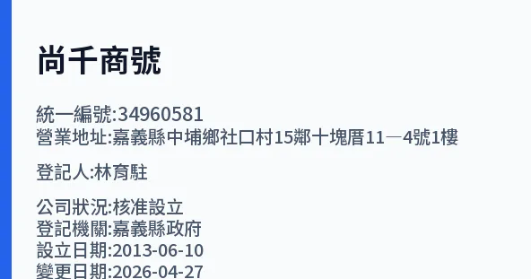 尚千商號的照片-統編 34960581(嘉義縣) 公司登記資料與營業項目詳細圖表