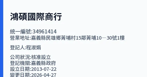 鴻碩國際商行的照片-統編 34961414(嘉義縣) 公司登記資料與營業項目詳細圖表