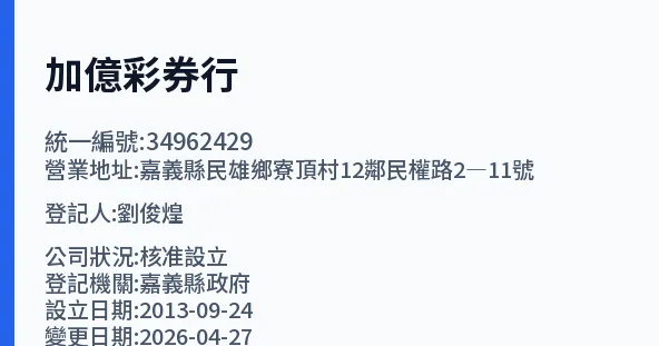 加億彩券行的照片-統編 34962429(嘉義縣) 公司登記資料與營業項目詳細圖表