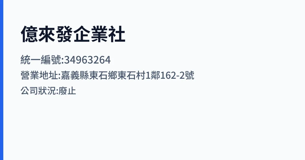 億來發企業社 - 統編 34963264(嘉義縣) 公司登記資料與營業項目詳細圖表