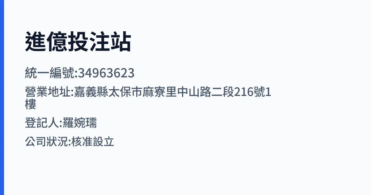 進億投注站 - 統編 34963623(嘉義縣) 公司登記資料與營業項目詳細圖表