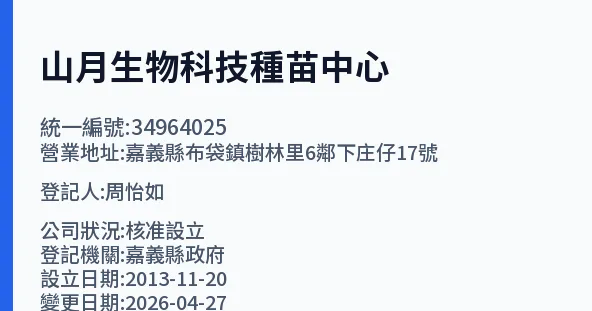 山月生物科技種苗中心的照片-統編 34964025(嘉義縣) 公司登記資料與營業項目詳細圖表