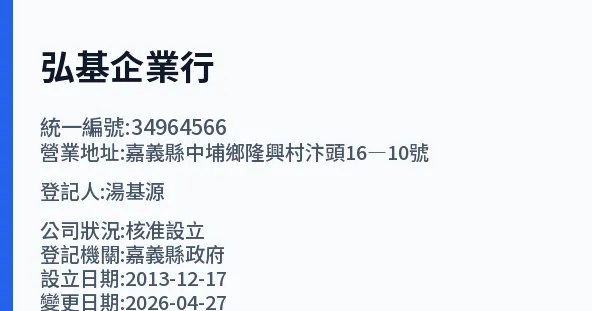 弘基企業行的照片-統編 34964566(嘉義縣) 公司登記資料與營業項目詳細圖表
