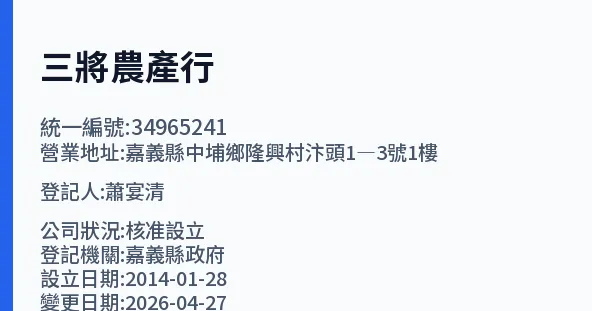 三將農產行的照片-統編 34965241(嘉義縣) 公司登記資料與營業項目詳細圖表