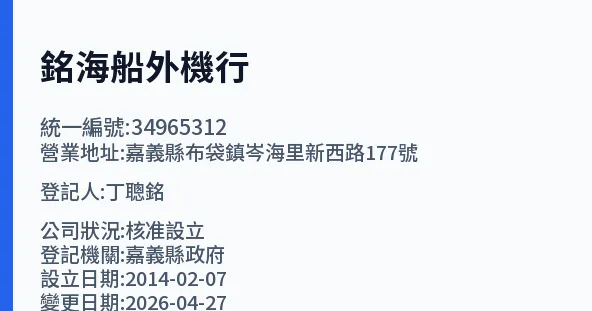 銘海船外機行的照片-統編 34965312(嘉義縣) 公司登記資料與營業項目詳細圖表