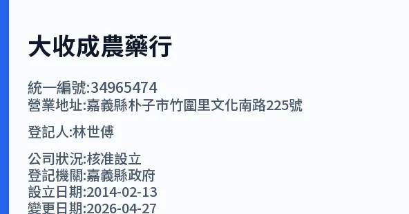 大收成農藥行的照片-統編 34965474(嘉義縣) 公司登記資料與營業項目詳細圖表