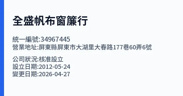 全盛帆布窗簾行的照片-統編 34967445(屏東縣) 公司登記資料與營業項目詳細圖表