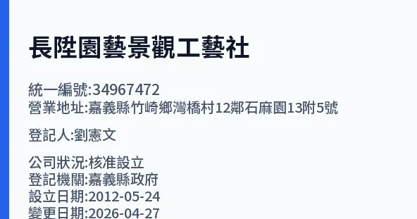 長陞園藝景觀工藝社的照片-統編 34967472(嘉義縣) 公司登記資料與營業項目詳細圖表